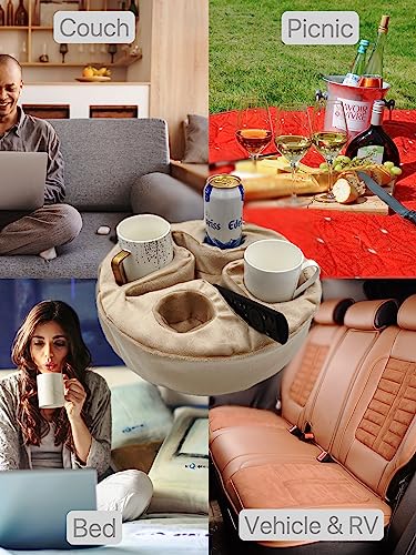Couch and Bed Cup Holder Pillow, Sofa Organizer Caddy for Drinks, Remotes, Phones, Snacks (Beige)
