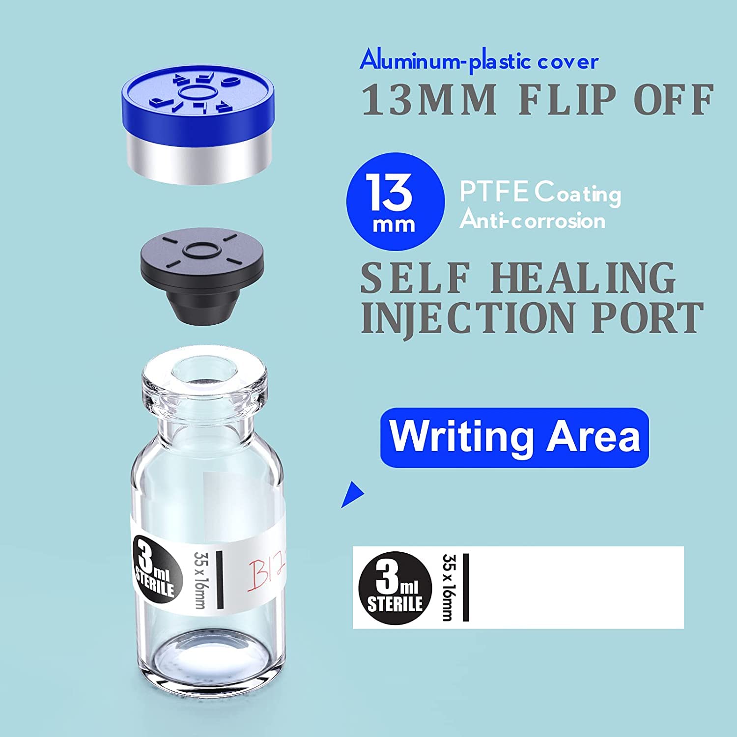 Biocomma 3ml 10pcs Sterile Empty Vial with Plastic Aluminum Flip Off Caps,Penicillin Bottle 13mm Crimp Top Sterile Transparent Borosilicate Lab Sample Vial (Transparent)