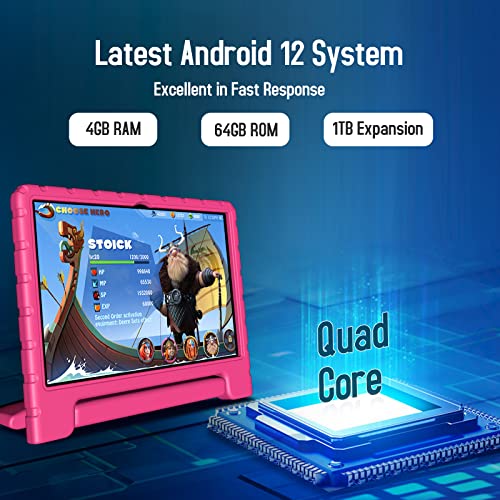 ITDULCET Kids Tablet 10 inch, 4GB +64GB Tablet for Kids, Android 12 2.4/5G WiFi, 2MP+5MP Dual Camera 1200 * 800 HD IPS Touchscreen, Family Link for Parental Control with Kid-Proof Case, 6000mAh