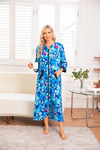 Ekouaer House Dresses for Womens Robe Long Zip Up House Coat Half Sleeve Night Gowns Comfy Sleepwear Print Loungewear
