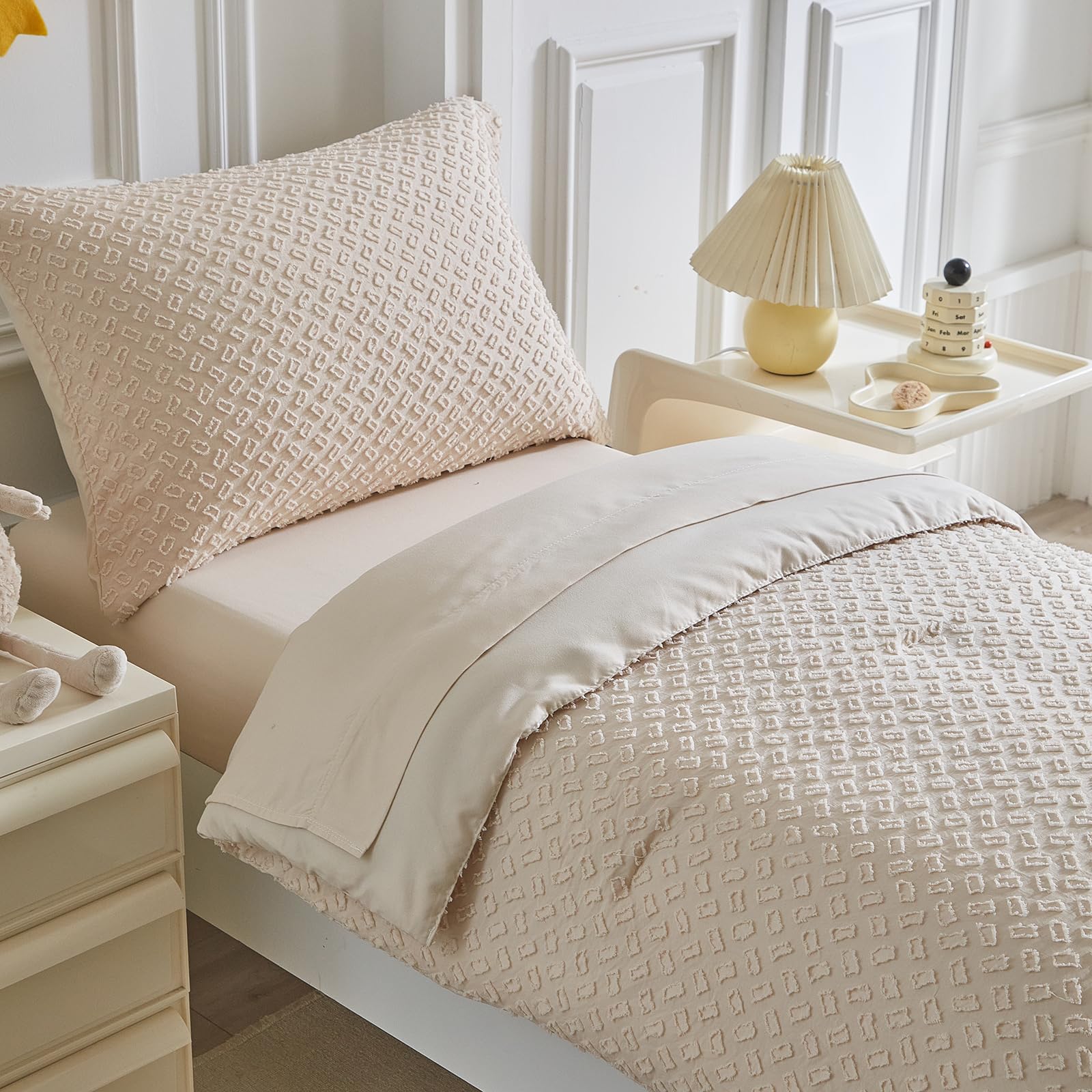 Cream Toddler Bedding Set 4 Pieces Tufted Boho Cubes Style - Includes Adorable Quilted Bohemian Comforter, Fitted Sheet, Top Sheet, and Pillow Case for Girls Boys Bed