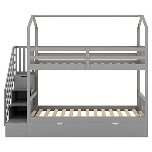 DEYOBED Twin Over Twin Wooden Bunk Bed with Storage Staircase for Kids and Teens