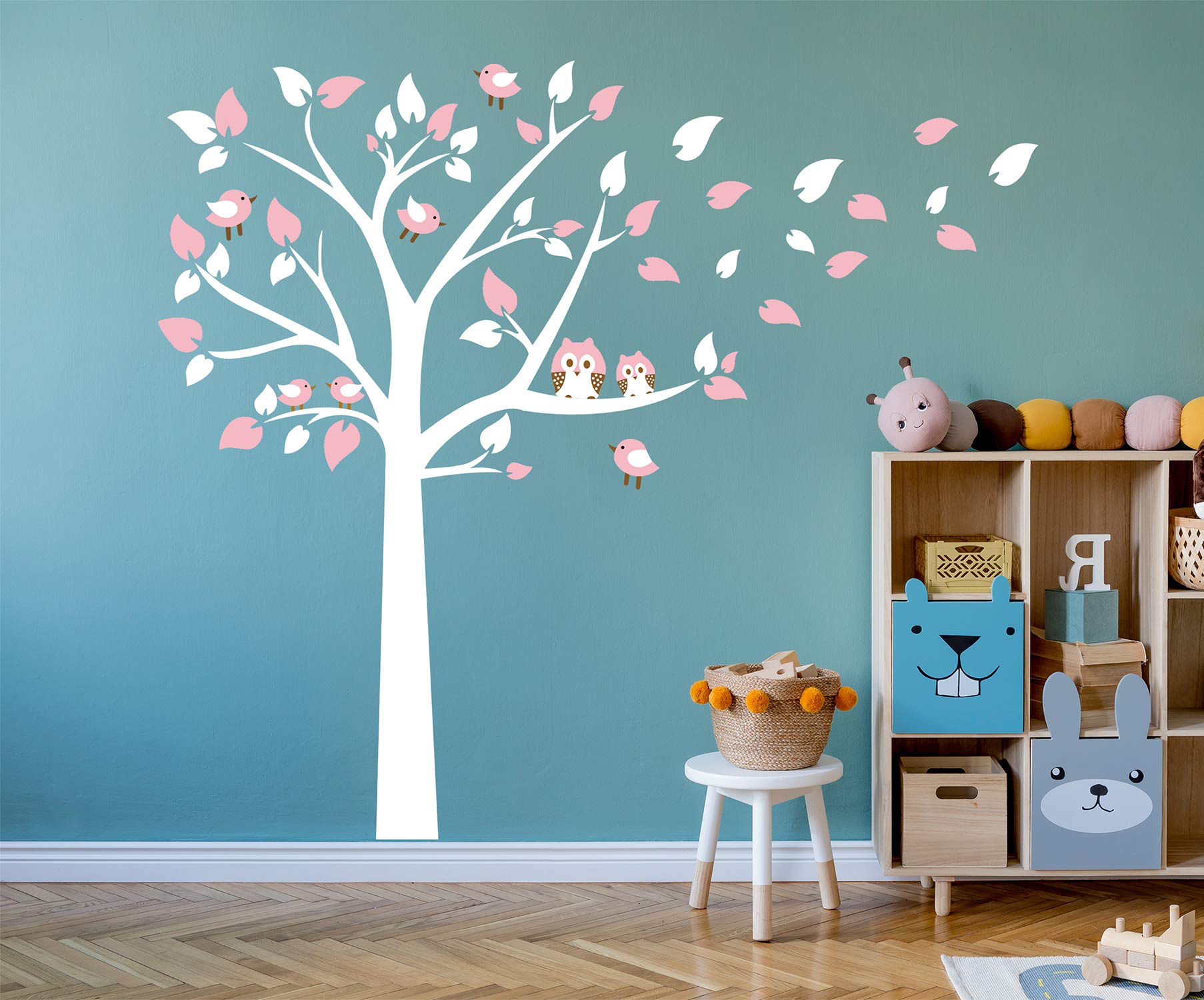 LUCKKYY Cute Owls with Birds Stand on The Tree Wall Decals Tree Wall Decals Tree Wall Sticker for Kid Baby Nursery Room (87x78") (Pink.)