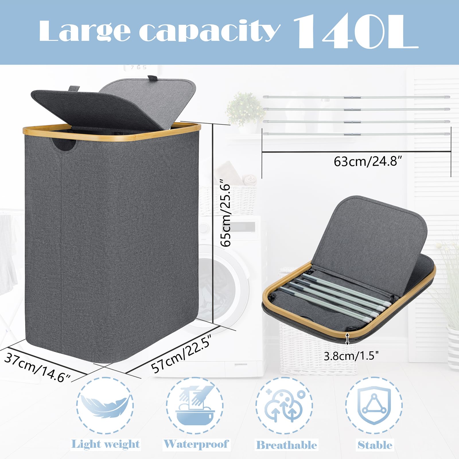 Bellzacasa Laundry Hamper with Lid, 140L Double Dirty Clothes Hamper with Handles and Removable Bags, Large Collapsible 2 Section Laundry Basket for Bedroom Bathroom (Gray)