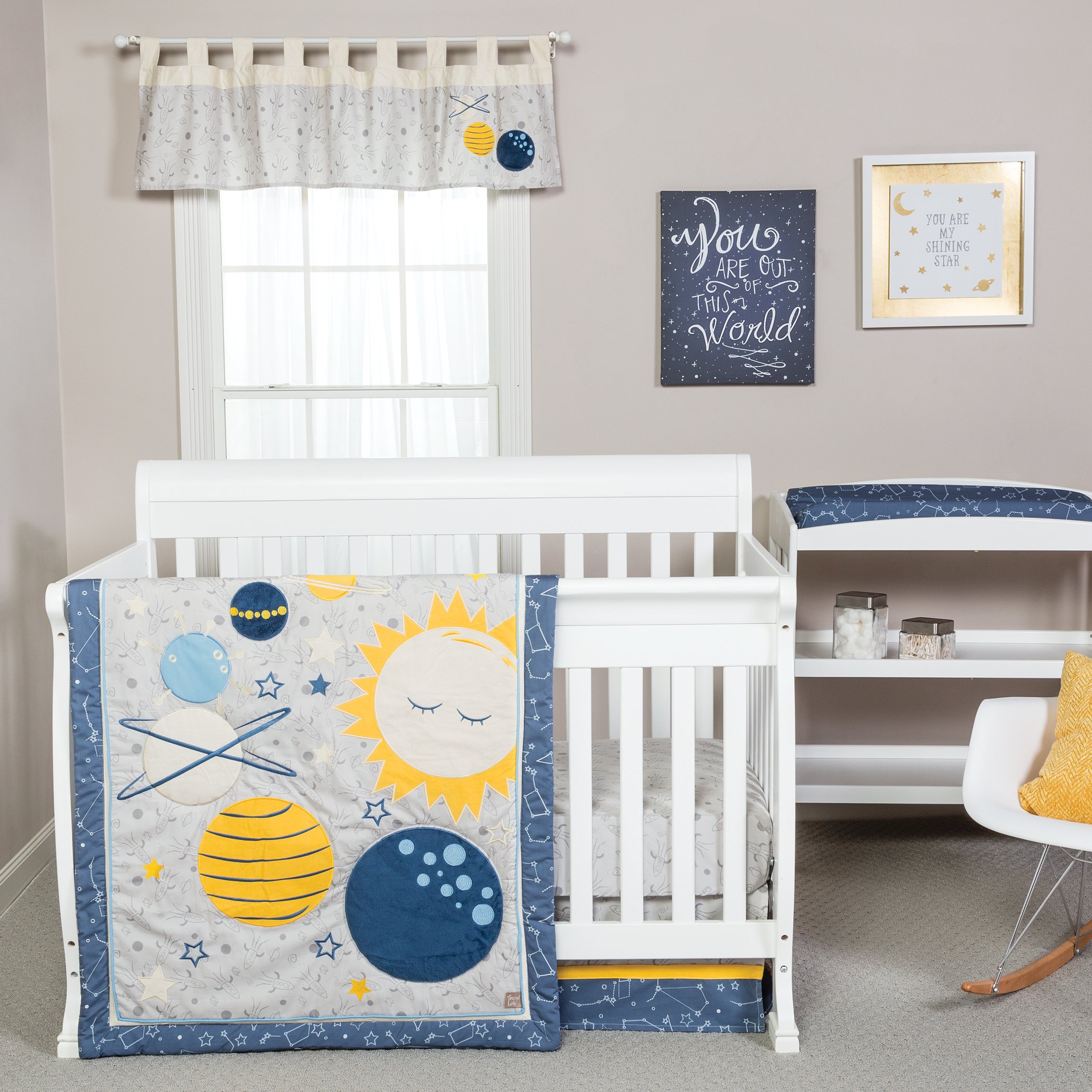Trend Lab Galaxy 3 Piece Crib Bedding Set, Can Be Used As A Blanket Or A Playmat for Tummy Time, Includes Quilt, Fitted Crib Sheet and Skirt