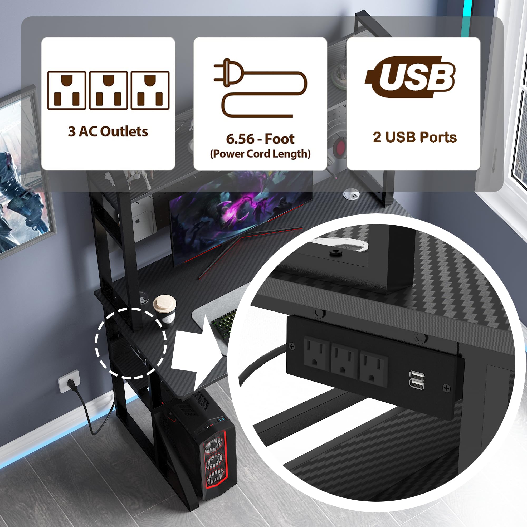 Chnnmbrn Home Office Desk with Power Outlet,Gaming Desk with Pegboard,Large PC Table Computer Desk with Shelves,Multifunctional Workbench,Study Writing Workstation