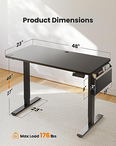 ErGear Standing Desk with Storage Pocket, 48 x 24 inch Height-Adjustable Standing Desk, Electric Standing Desk Workstation with Height Memory Presets for Home & Office, Black