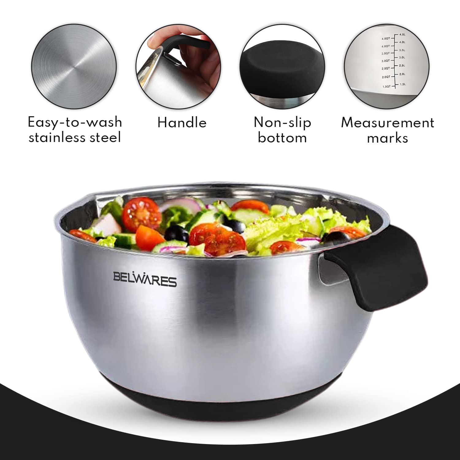 Belwares Mixing Bowls with Lids Set - Nesting Bowls with Graters, Handle, Pour Spout, Airtight Lids - Stainless Steel Non-Slip Mixing Bowl for Cooking, Baking, Prepping, Food Storage (Set of 3)