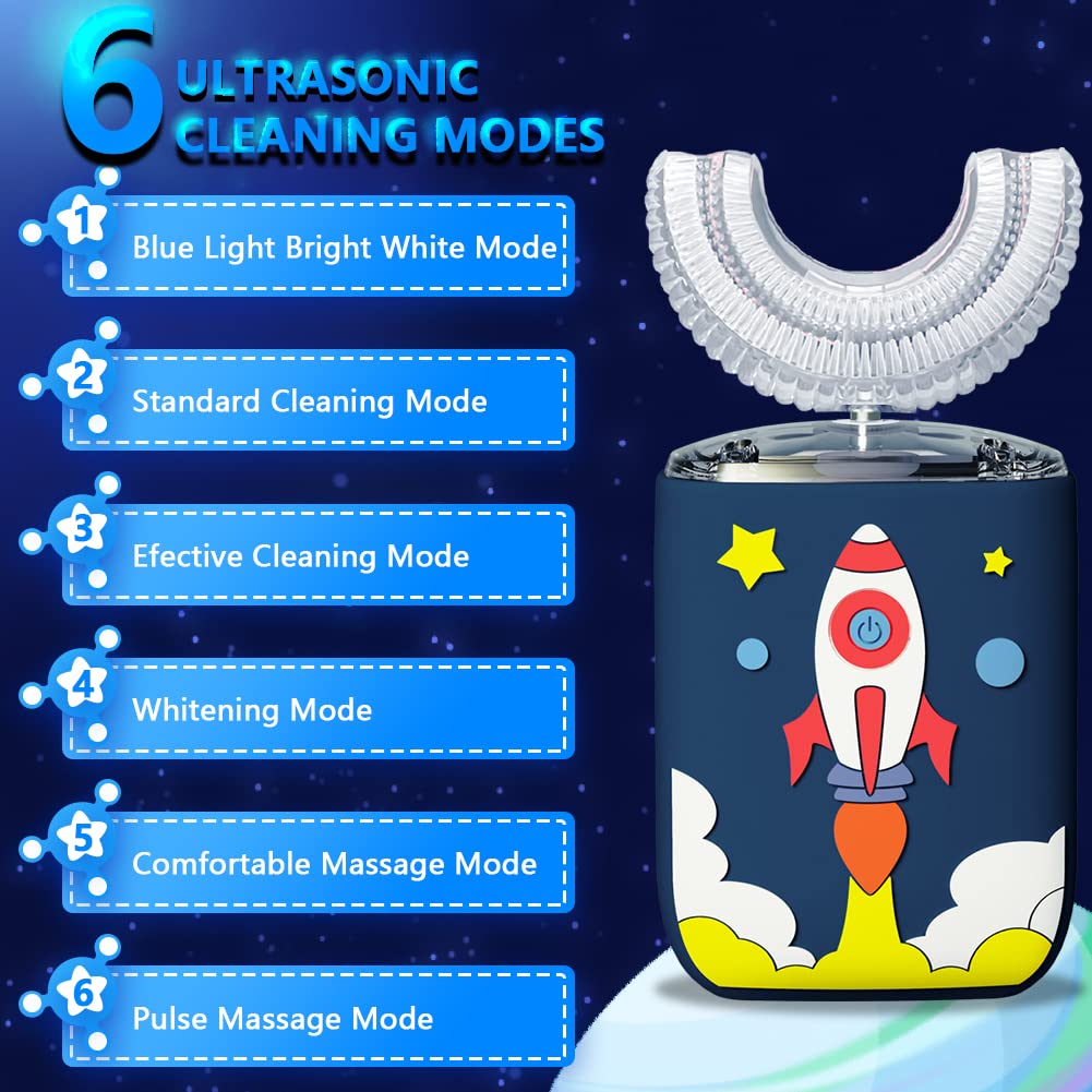 Electric Toothbrush for Kids U Shaped Ultrasonic Automatic Brush Rocket Children Sonic Toothbrushes with Smart Timer 6 Modes Replace Brush Head IPX7 Waterproof 360° Oral Cleaning (Age 2-6)