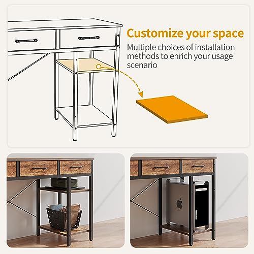 CubiCubi 47 Inch Computer Desk with Fabric Drawers and Storage Shelfs, Small Office Home Desk, Study Writing Table, Modern Simple Desk, Rustic Brown