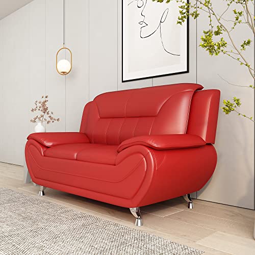 Container Furniture Direct Michael Modern Faux Leather Upholstered Stainless Steel Legs Living Room Loveseat, Red
