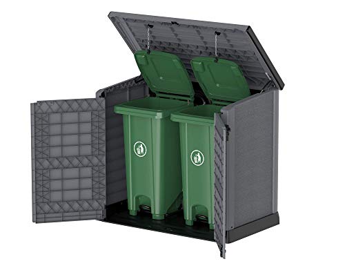 Duramax Cedargrain StoreAway 1200L Plastic Garden Storage Shed/Flat Lid - Outdoor Storage Bike Shed – Durable & Strong Construction– Ideal for Tools, Bikes, BBQs & 2X 240L Bins, 145x85x125 cm, Grey