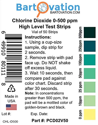 Chlorine Dioxide Single Factor Test Strips, 0-500 ppm [Vial of 50 Strips]