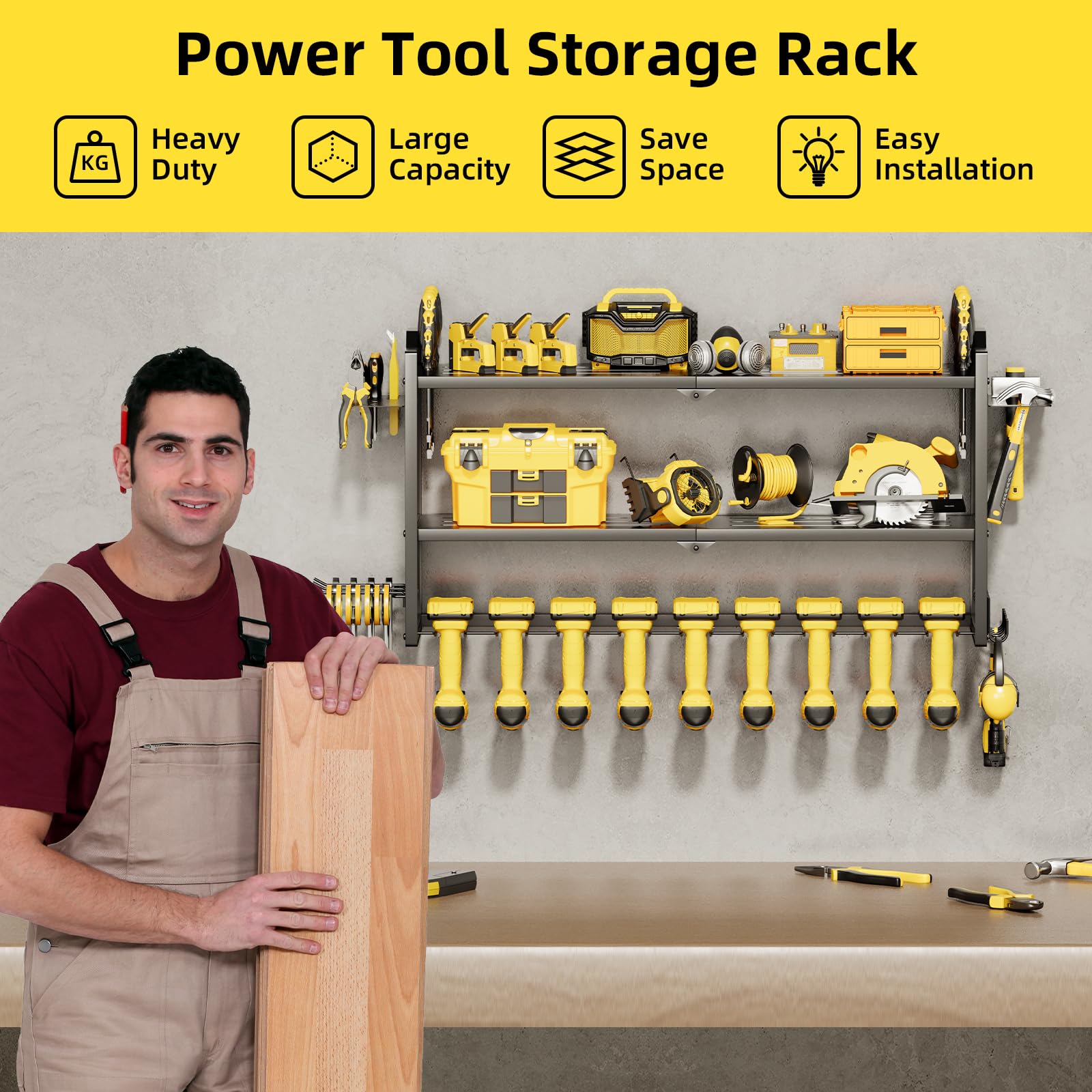 OPENICE Power Tool Organizer, Wall Mount Power Tool Rack with 9 Cordless Drill Holder, 3 Layers Metal Power Tool Organizer - 32 Inches, Black