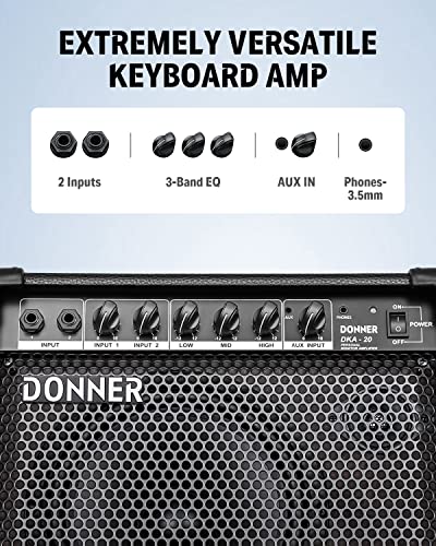 Donner DKA-20 Keyboard Amplifier 20 Watt Keyboard AMP with Aux in and Two Channels, Bass Guitar Amp, Piano Amplifier, Electronic Drum Speaker Support for Microphone Input