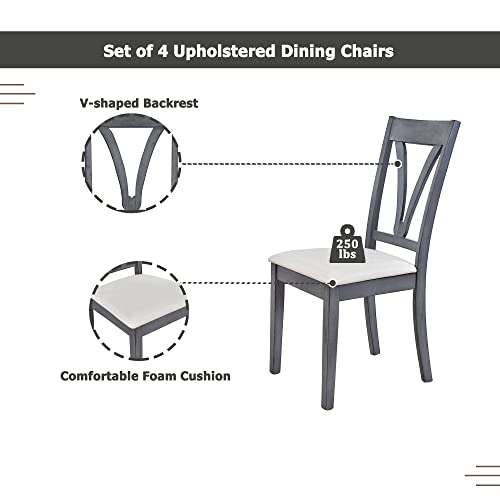 Harper & Bright Designs 5-Piece Dining Table Set with 4 Upholstered Dining Chairs, Solid Wood Dining Furniture Set for Small Place, Kitchen, Dining Room, Antique Grey