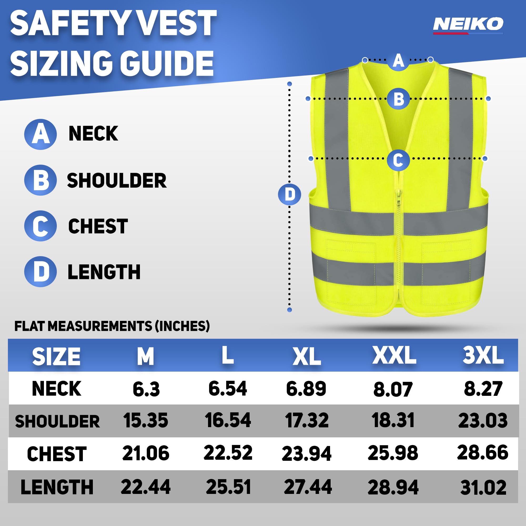 NEIKO Safety Vest, 2 Pockets, High Visibility Vest, Reflective Strips, Neon Yellow Vest, Zipper Front, Reflective Vest For Men & Women, Work Vest, Security Vest & Hi Vis (Large for Adults, 53962A)