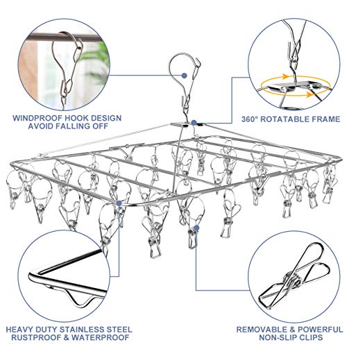Fayleeko Clothes Drying Rack with 34 Clips, Folding Stainless Steel Drying Hanger, Baby Hangers,Clothes Hangers for Drying Socks,Drying Towels, Diapers, Bras, Baby Clothes,Underwear