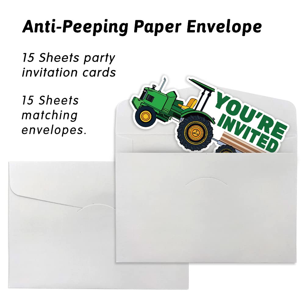 Cusrtyh 15 Sheets Tractor Party Celebration Invitations card with with 15 Envelopes,Green Tractor Birthday Party,Farmer Tractor Party Celebration Invitation cards, Birthday Party Supplies
