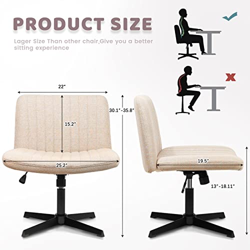 LEMBERI Fabric Padded Desk Chair No Wheels, Armless Wide Swivel,120° Rocking Mid Back Ergonomic Computer Task Vanity Chairs for Office, Home, Make Up,Small Space, Bed Room,Beige