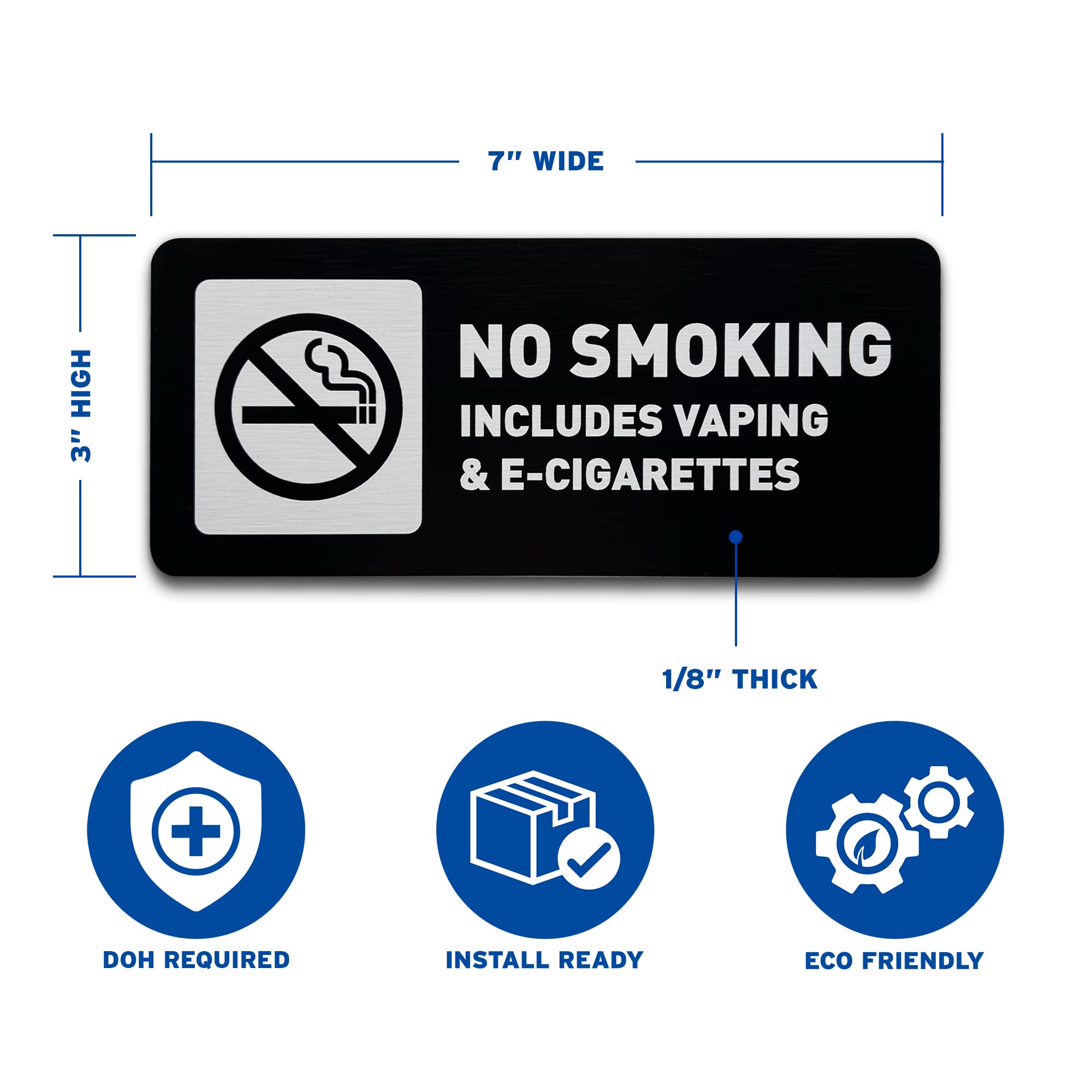 No Smoking Sign by GDS - ADA Compliant, with Raised Icons and Lettering- Includes Adhesive Strips for Easy Installation 7" W x 3" H - (Brushed Black)