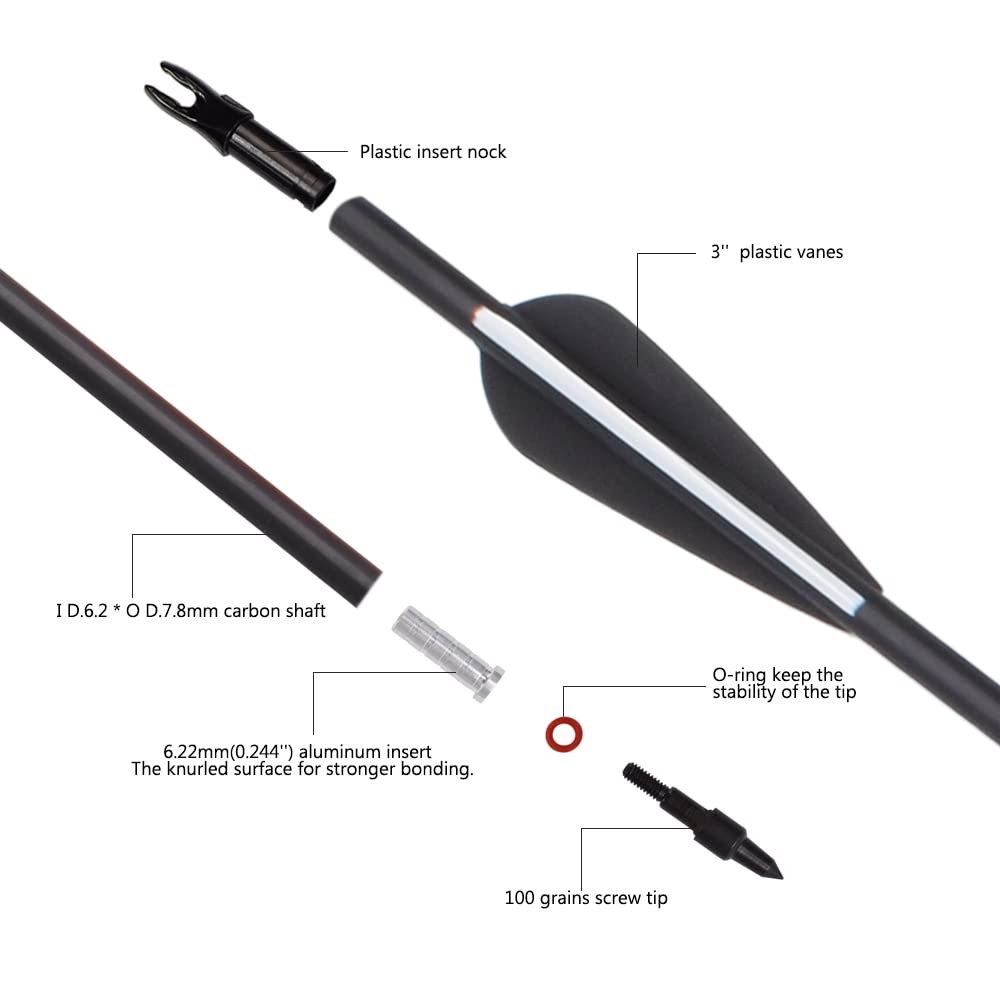 Archery Bow Carbon Arrow Hunting Target Practice Arrows 26 Inch with Removable Tips for Compound & Recurve Bow Spine 500 12 PCS