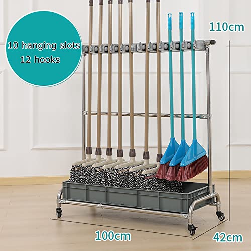AUNEVN Movable Hand Trucks Floor-Standing Broom and Mop Rack,Cleaning Tool Cart,Broom Holder Organizer,Mop Rack Tool Rack,Stainless Steel Storage Racks,