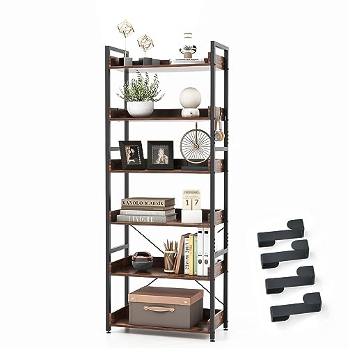 Giantex Industrial 6-Tier Bookshelf, 70" Tall Freestanding Storage Display Shelf with 4 Hooks, Anti-Tipping Device, Adjustable Foot Pads, Wooden Floor Open Display Shelving, Bookcase Shelf Rack
