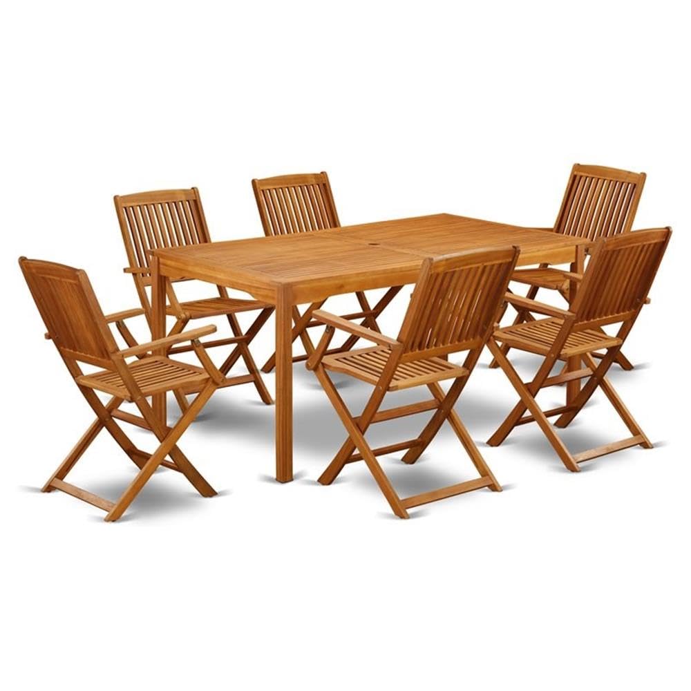 East West Furniture CMCM7CANA Cameron 7 Piece Patio Garden Set Consist of a Rectangle Outdoor Acacia Wood Dining Table and 6 Folding Arm Chairs, 36x66 Inch, Natural Oil