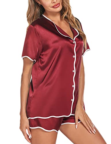 eshion Women's Short Sleeve Pjs Silk Pajama Top with Shorts Set Comfortable Summer Loungewear (Wine Red,XXL)