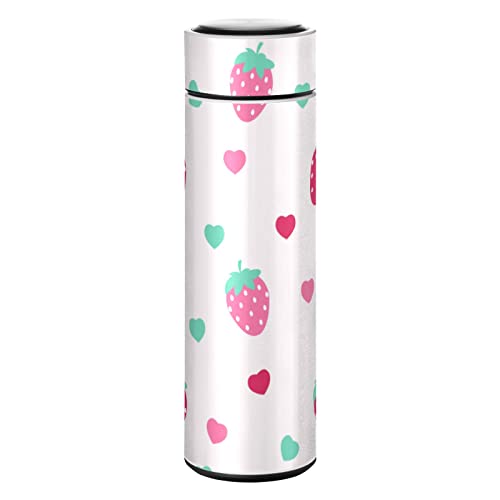 CaTaKu Cute Heart Strawberry Water Bottle Insulated 16 oz Stainless Steel Flask Thermos Bottle for Coffee Water Drink Reusable Wide Mouth Vacuum Travel Mug