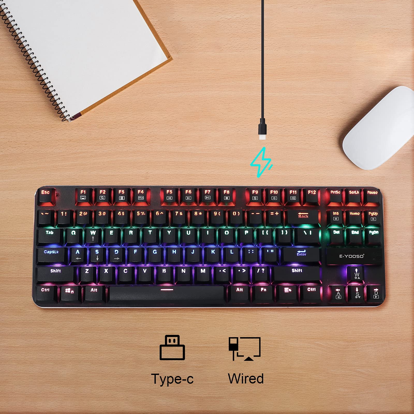 E-YOOSO Mechanical Keyboard LED Backlit Gaming Keyboard with Blue Switches, Compact 87 Key Ultra Slim Wired Keyboard for Desktop/PC/Laptop/Mac/Smart TV and Windows 10/8/ 7 (Red Switch)