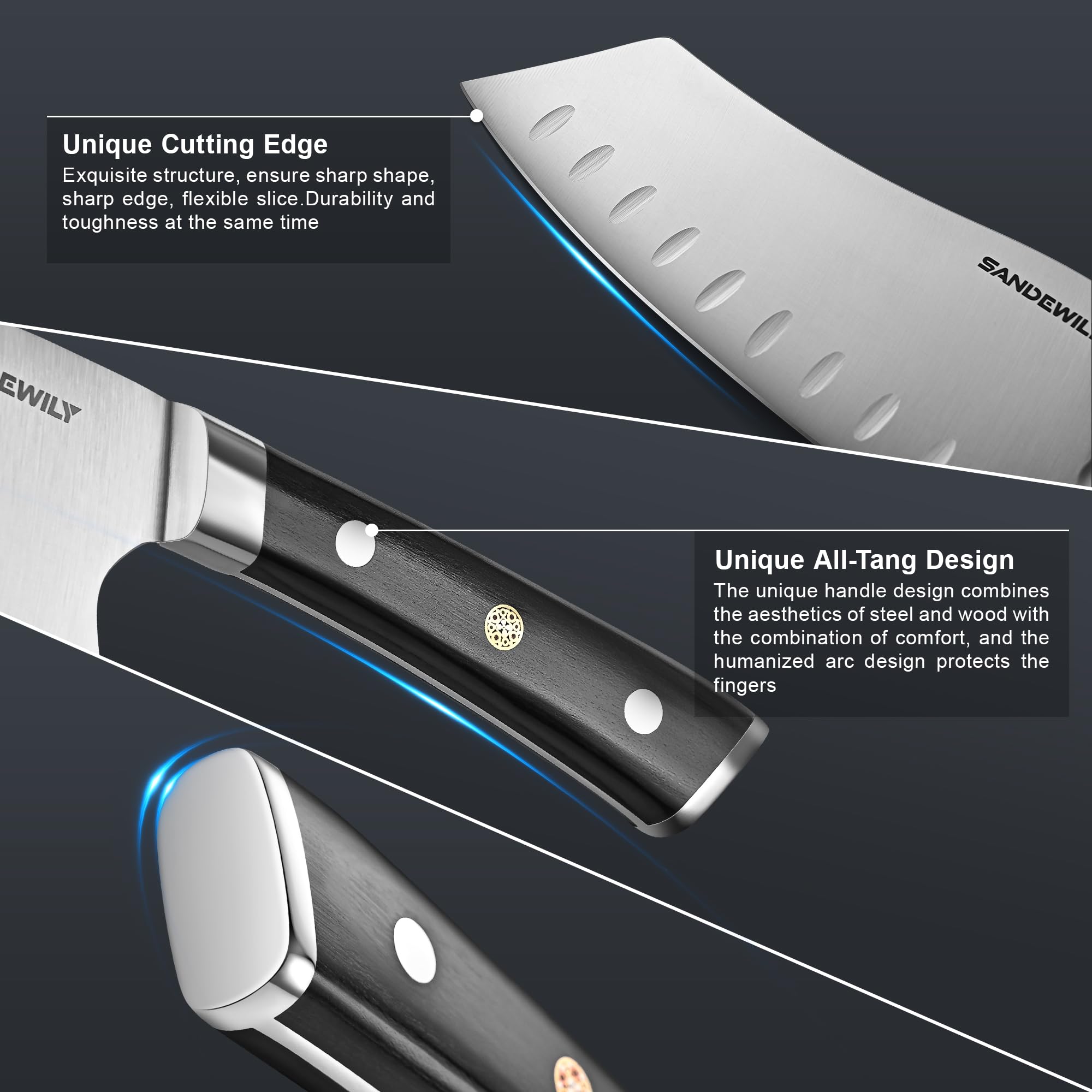SANDEWILY Meat Cleaver Chef Knife,7-in Ultra Sharp Kitchen Knife,Slicer Knife Cooking Knife Vegetable Knife,German HC Stainless Steel,Full Tang Wood Handle,Gift Box for Home Outdoor BBQ Camping