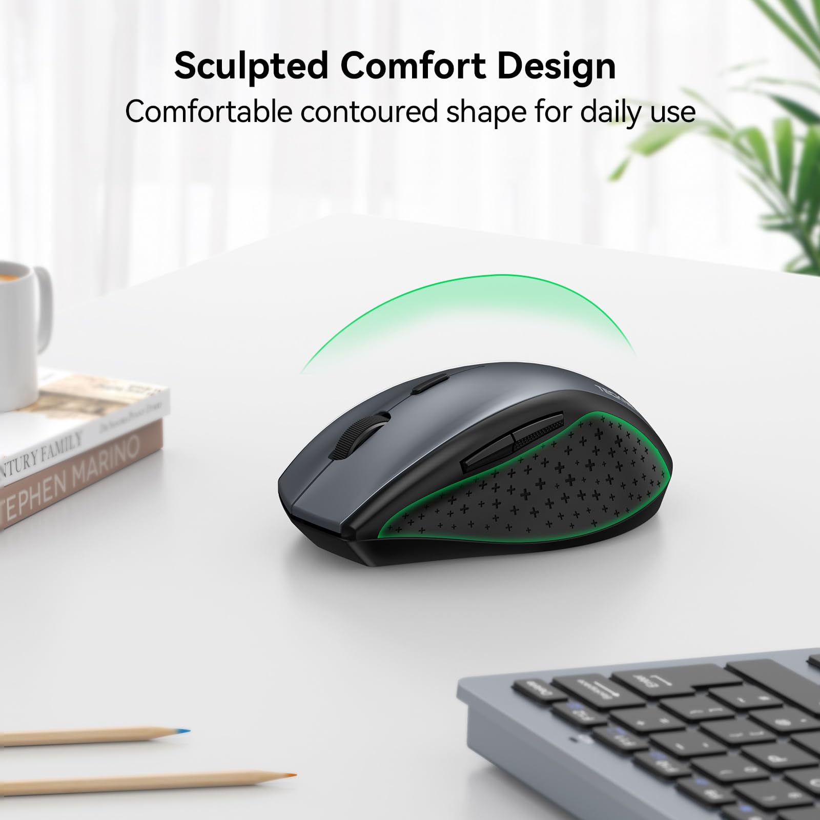 TECKNET Wireless Mouse, 2.4G USB Computer Mouse with 6-Level Adjustable 4800 DPI, 30 Months Battery, Ergonomic Grips, 6 Buttons Portable for PC, Chromebook, Mac - Grey