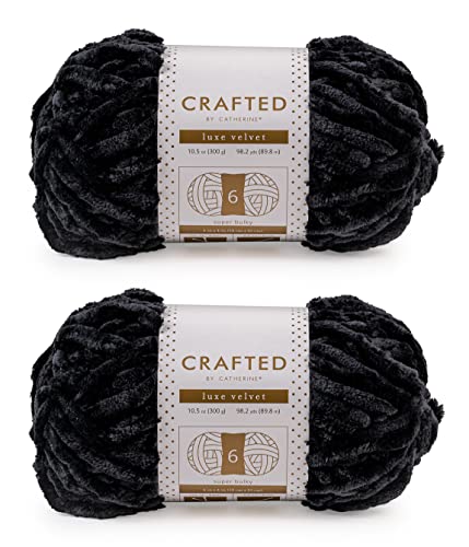 Crafted By Catherine Luxe Velvet Solid Yarn - 2 Pack (98 Yards Each Skein), Black, Gauge 6 Super Bulky