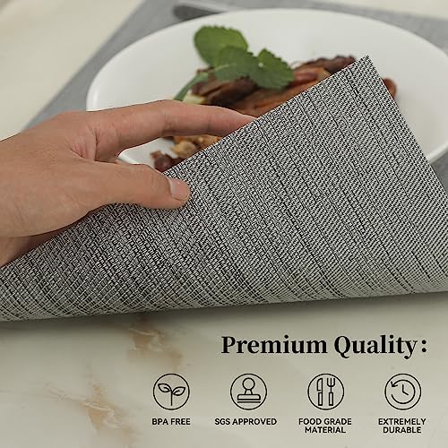 Leetaltree Grey Placemats, Heat Resistant Non-Slip Place mats for Dining Table, Washable Durable PVC Vinyl Woven Table Mats (Set of 6)
