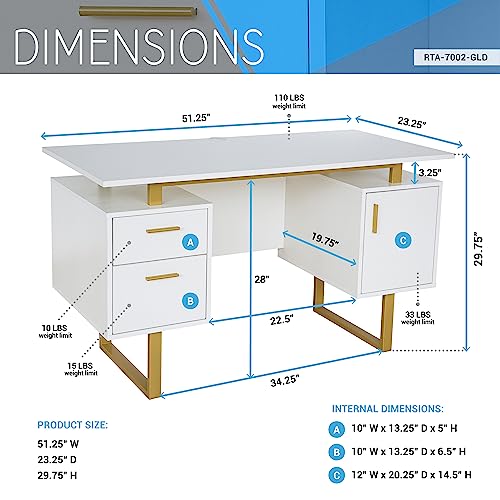 Techni Mobili Storage Drawers and Cabinet 51.25β W-Modern Office Large Floating Desktop Surface Desk, 23.6" D x 51.2" W x 29.8" H, White/Gold