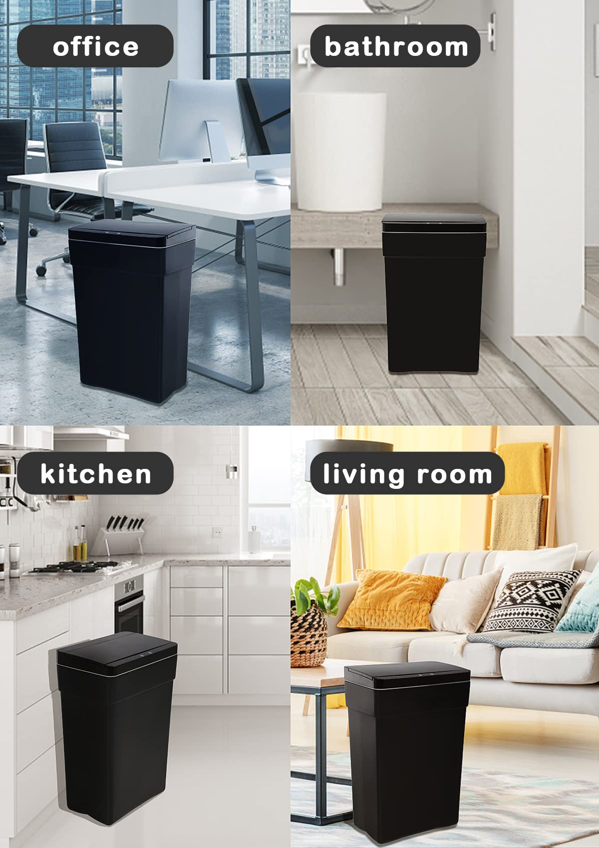 BIQWBIC 50 Liter Kitchen Trash Can with Lid, Automatic Trash Can Touchless Trash Can, 13 Gallon Garbage Can Plastic Trash Can Motion Sensor Trash Can for Kitchen Bedroom Office Bathroom, Black