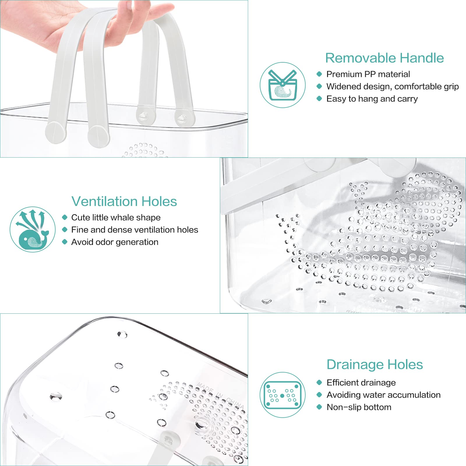 FODIENS 2 Pack Plastic Shower Caddy Basket, Portable Shower Caddy Tote Storage Basket with Handles, Clear Cleaning Supplies Organizer Bin for Bathroom Kitchen College Dorm (White+Cyan)