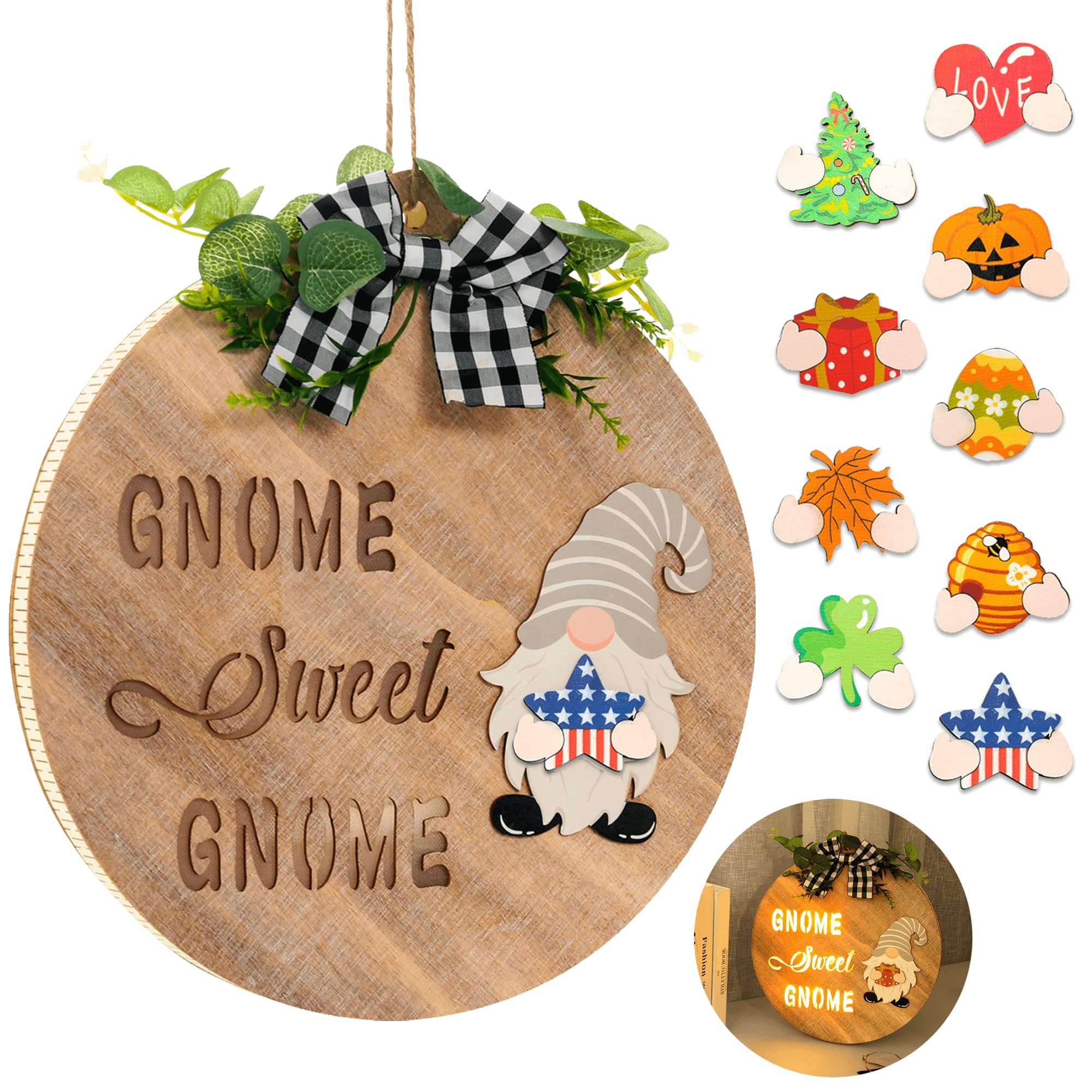 Lighted Interchangeable Gnome Welcome Door Sign, 12 inches Seasonal Front Door Gnome Sweet Gnome Home Decor Hanger, Holiday Wooden Rustic Farmhouse Wall Decor Wreaths with LED Light & 9 Season Icons