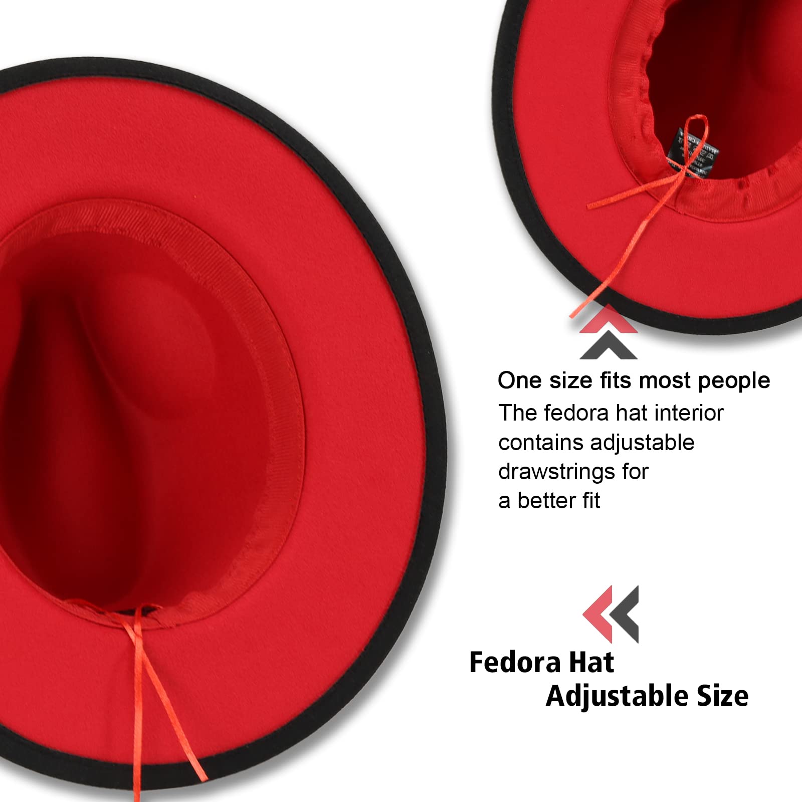 Black and Red Fedora Hats for Women Men,Two Tone Hat Wide Brim Fedora for Women,Red Bottom Black Fedora(Red,Black Medium)