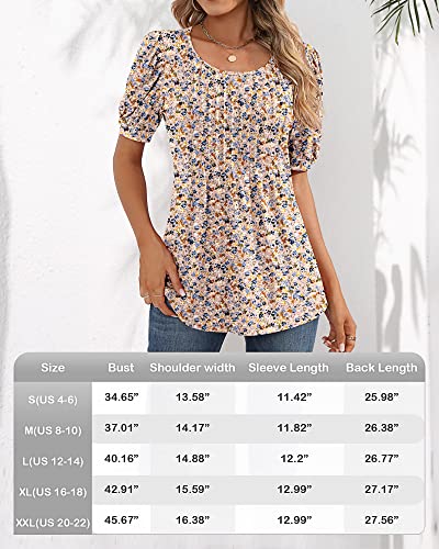 Ficerd Women's Puff Short Sleeve Tunic Tops Pleated Crew Neck Blouses Dressy Casual Loose Spring and Summer T-Shirts (Pink Flower, Medium)