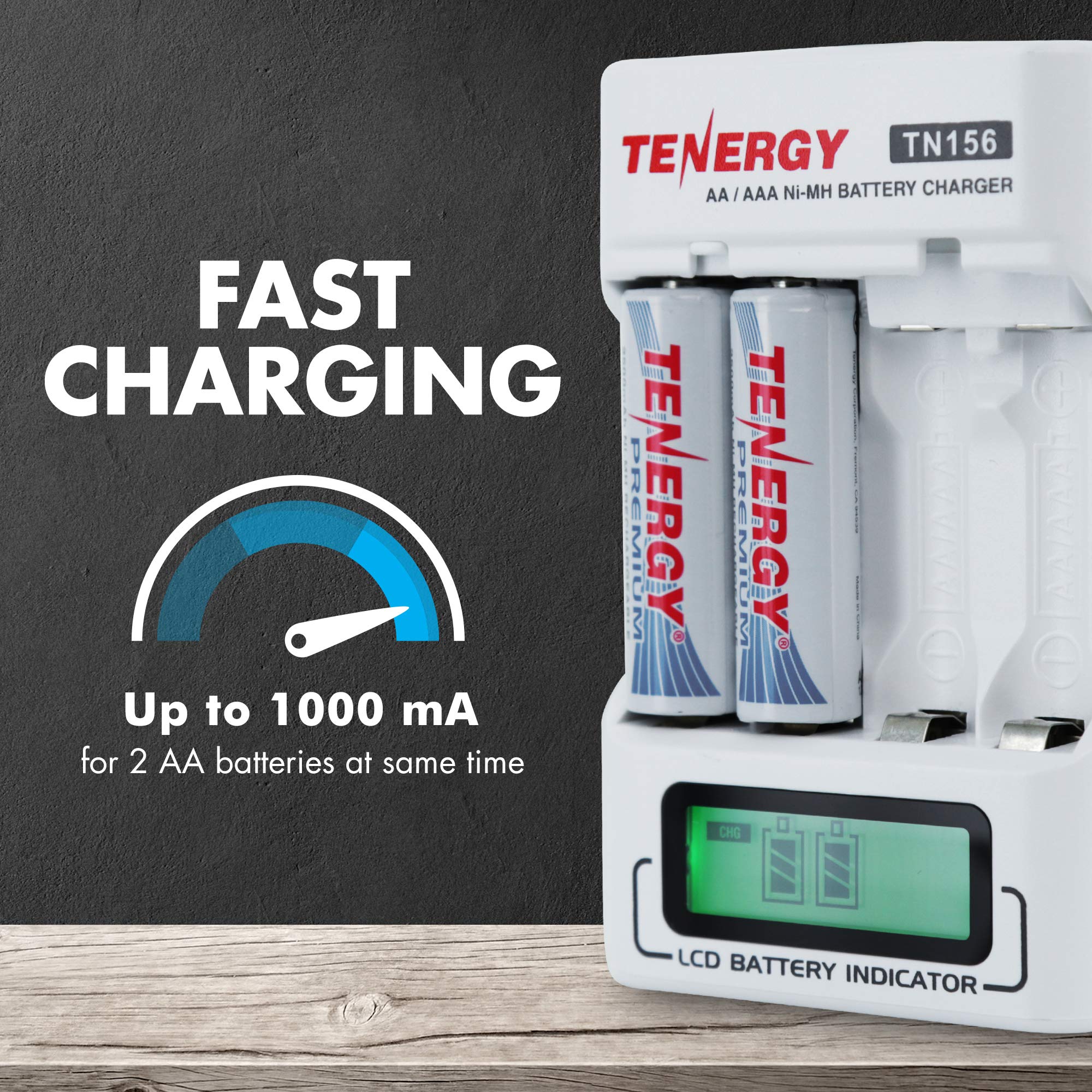 Tenergy TN156 4-Bay Compact AA/AAA NiMH NiCD LCD Battery Charger, Ideal Charger for AA and AAA Size Rechargeable Batteries for Everyday Electronics