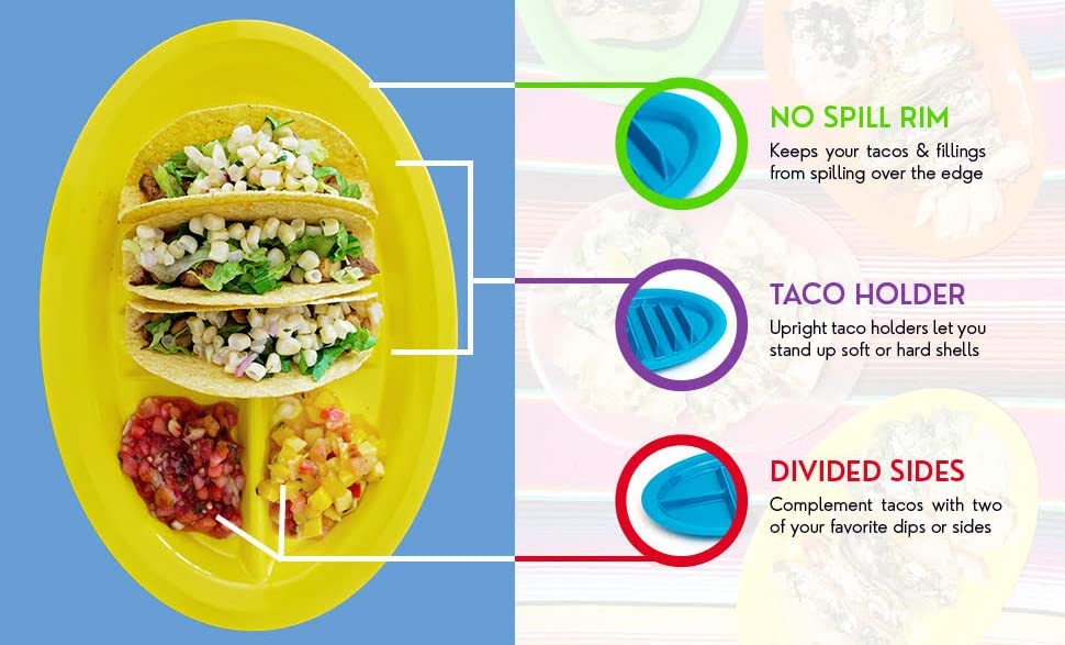 Jarratt Industries Fiesta Taco Serving Plastic Plates Set, Serving Trays with Stand Up Holder for Soft and Hard Shell Tacos, Use for Taco Nights and Bar, Microwave Safe, Set of 4
