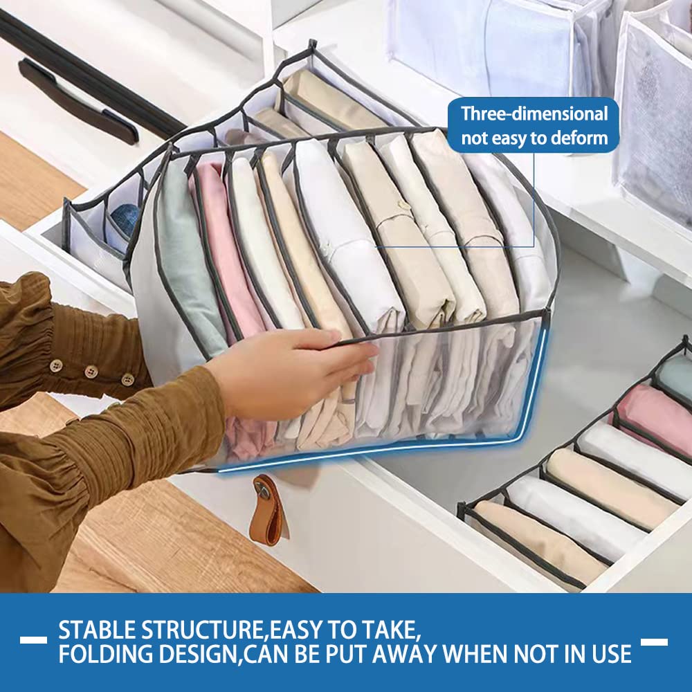 JINLU Wardrobe Clothes Organizer 7 Grids 9 Grids (2-Piece),Clothes Organizer for Folded Clothes Washable Drawer Organizers for Clothing Divided Mesh Organizing Box Uitable for Jeans (L,Gray )