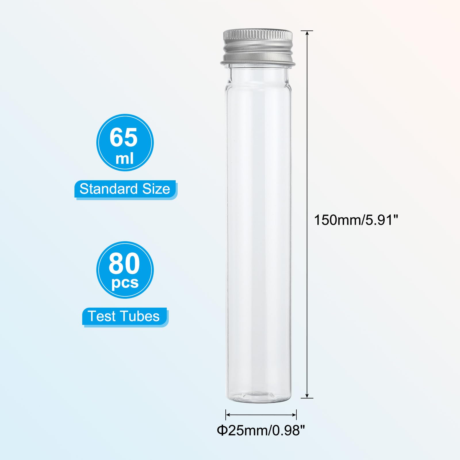 PATIKIL 65ml Test Tubes, 80pcs 5.91x0.98" Plastic Clear Flat Bottom Test Tube Containers with Caps for Bead Party Candy Bath Salt Storage Scientific Experiment Plant Propagation, Silver
