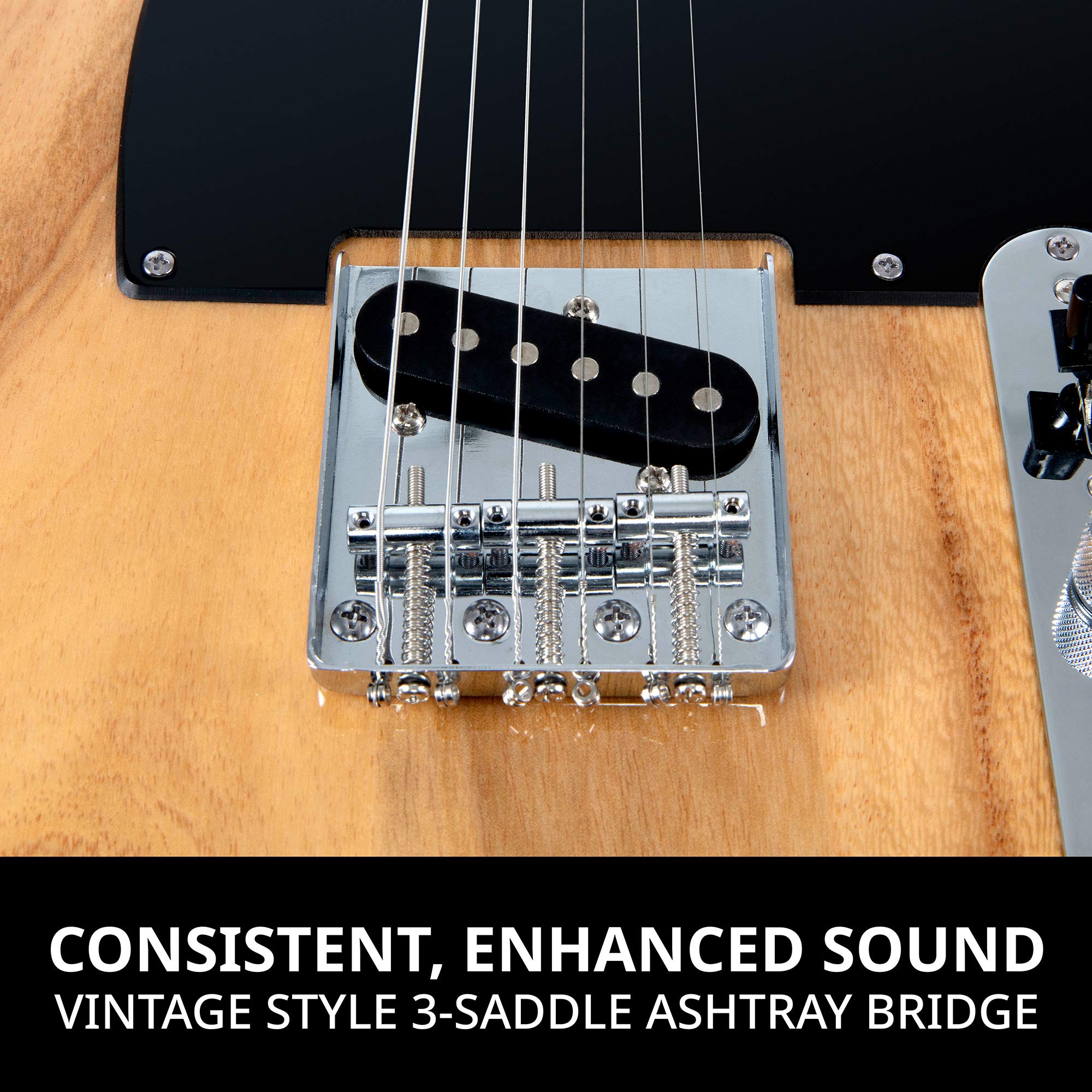 LyxPro 39” Electric Guitar TL Series, Full-Size Paulownia Wood Body, 3-Ply Pickguard, C-Shape Neck, Ashtray Bridge, Quality Gear Tuners, 3-Way Switch & Volume/Tone Controls, 2 Picks Included, Natural
