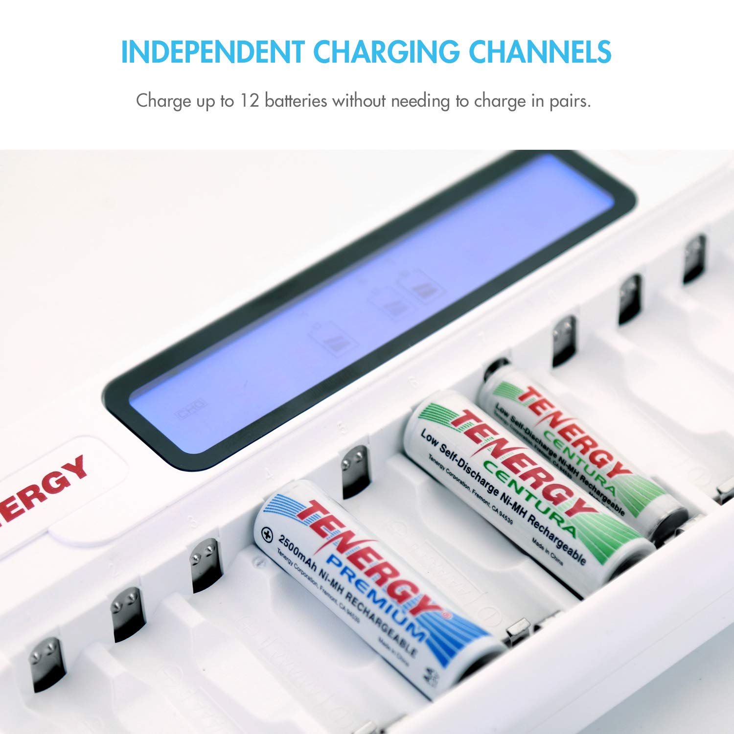 Tenergy TN160 12-Bay LCD NiMH/NiCD AAA/AA Battery Charger + 12x AA NiMH Rechargeable Batteries, Double A Batteries for Everyday Electronics