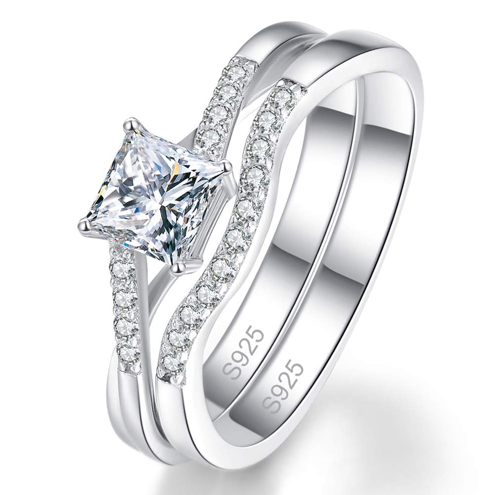 AVECON 925 Sterling Silver Women's Infinity Wedding Ring Set Halo Square CZ Cubic Zirconia Engagement Band Bridal Sets Size 7