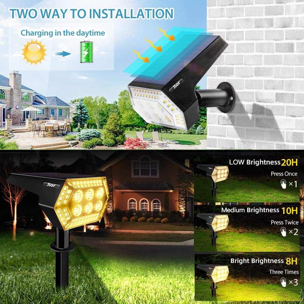 Jior Solar Spotlights Outdoor,Solar Outdoor Lights IP65 Waterproof,108 LED 2-in-1 Adjustable Solar Landscape SpotLights Wall Lights,3 Modes Outdoor Solar Garden Lights for Yard (Warm White 4 Pack)